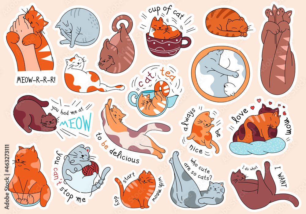 Large set of cute cartoon cat stickers showing assorted activities and ...
