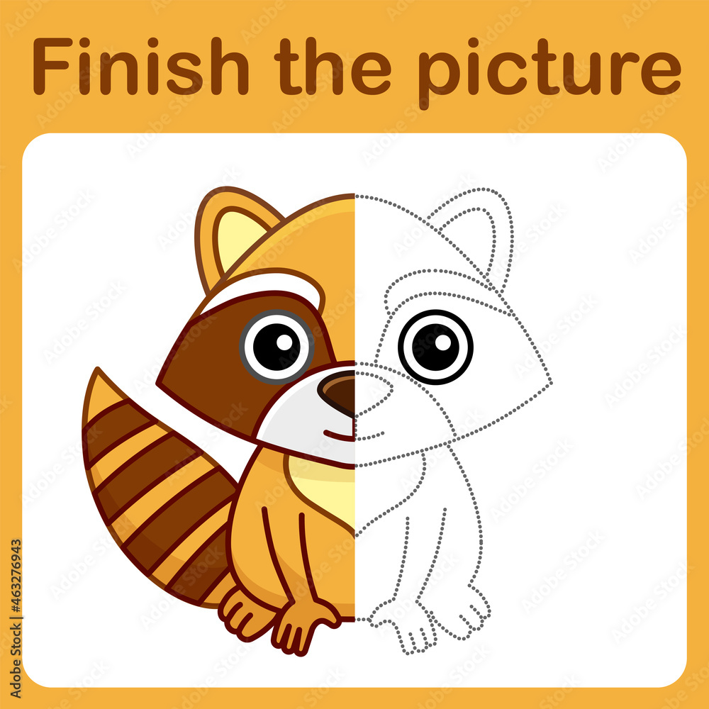 Connect the dot and complete the picture. Simple coloring raccoon ...