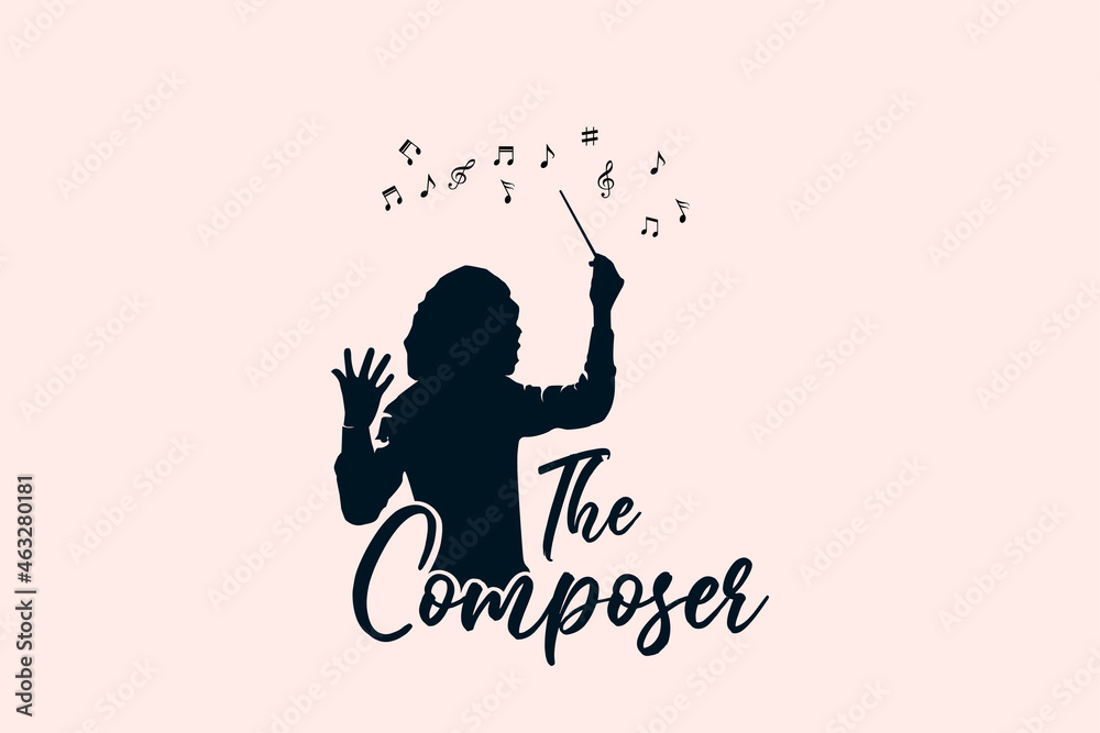 Conductor with a conductor's baton, composer's silhouette isolated ...