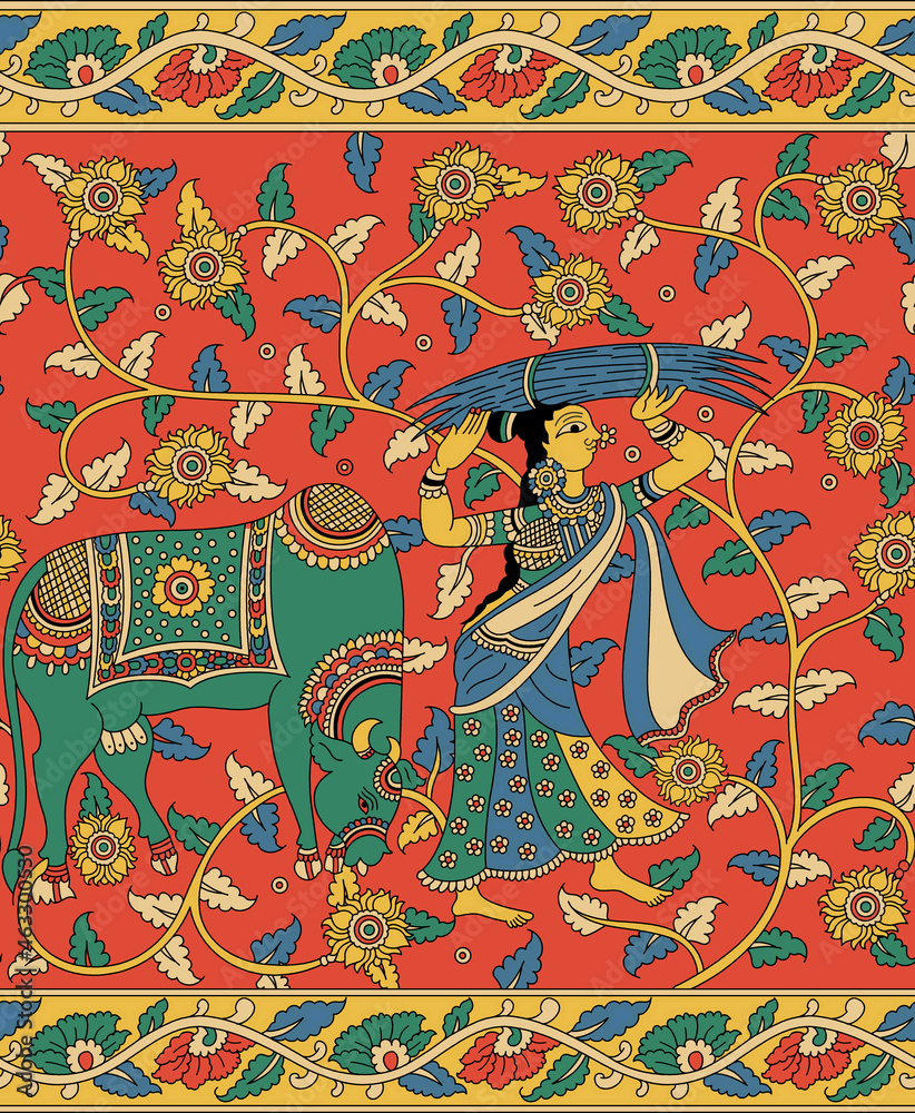 Beautiful Woman With Cow Hand Drawing Traditional Painting Stock ...