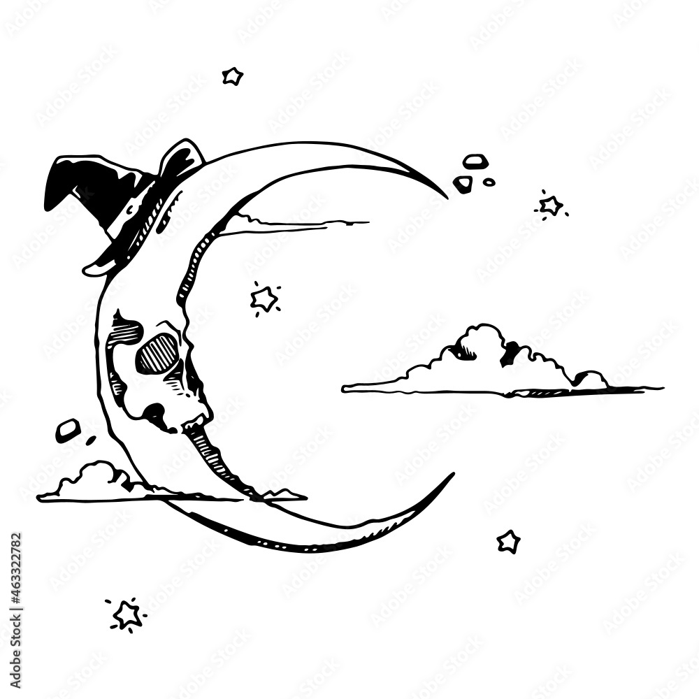 Skull Moon Halloween Creepy Line Art Silhouette Design Element Art SVG ...