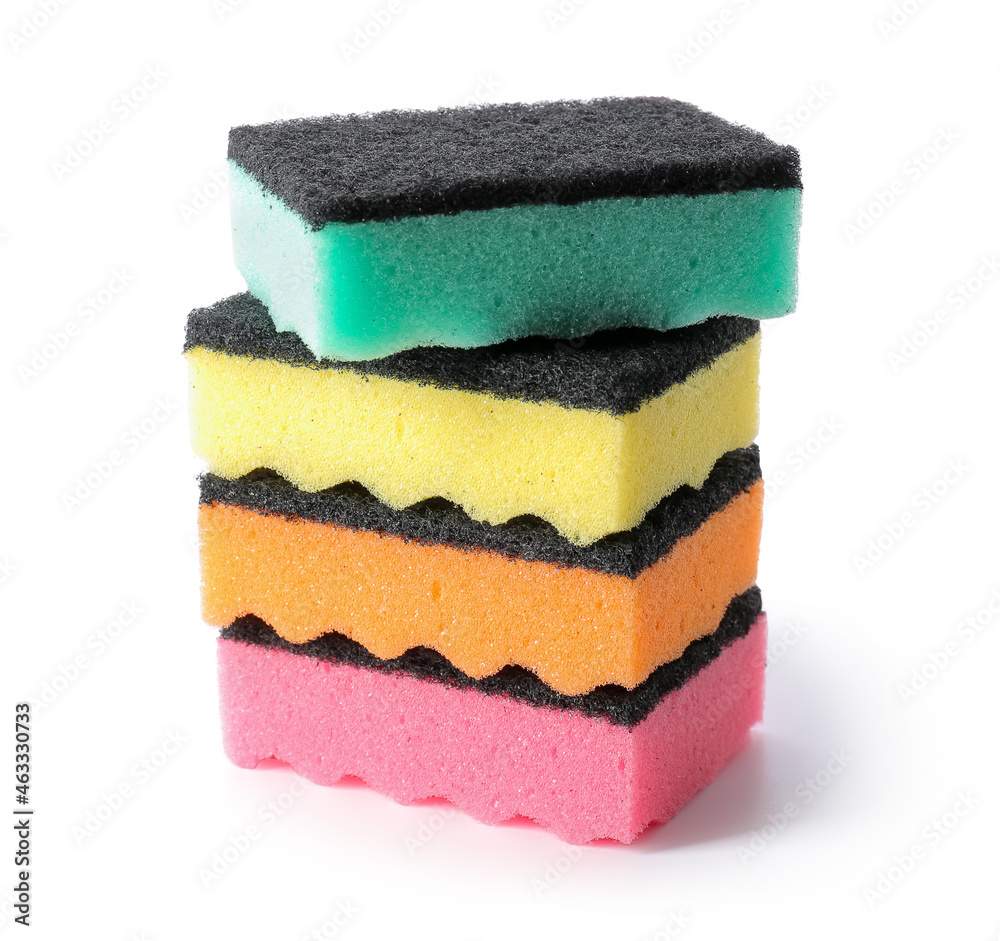 Different cleaning sponges on white background Stock Photo | Adobe Stock