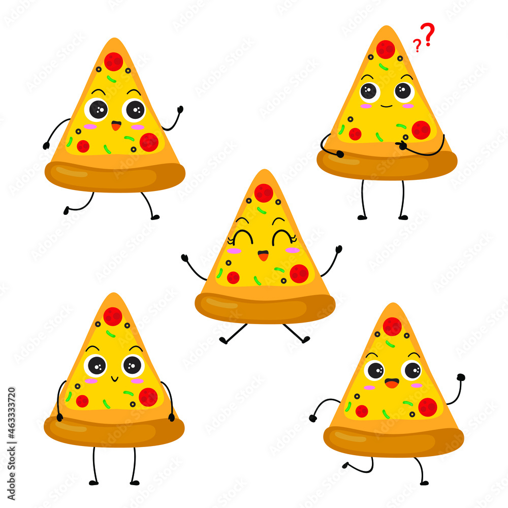 Kawaii cartoon triangular pizza slice icon. Character of cute sliced ...