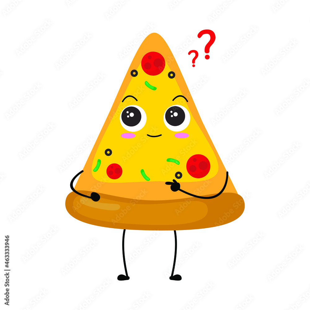 Kawaii cartoon triangular pizza slice icon. Character of cute sliced ...