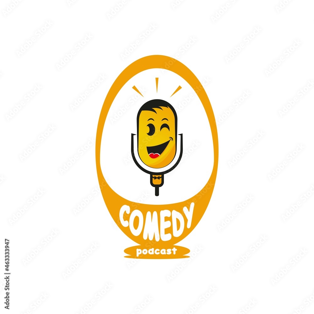 Fun and Comedy Podcast Logo Design. With yellow microphone and funny ...