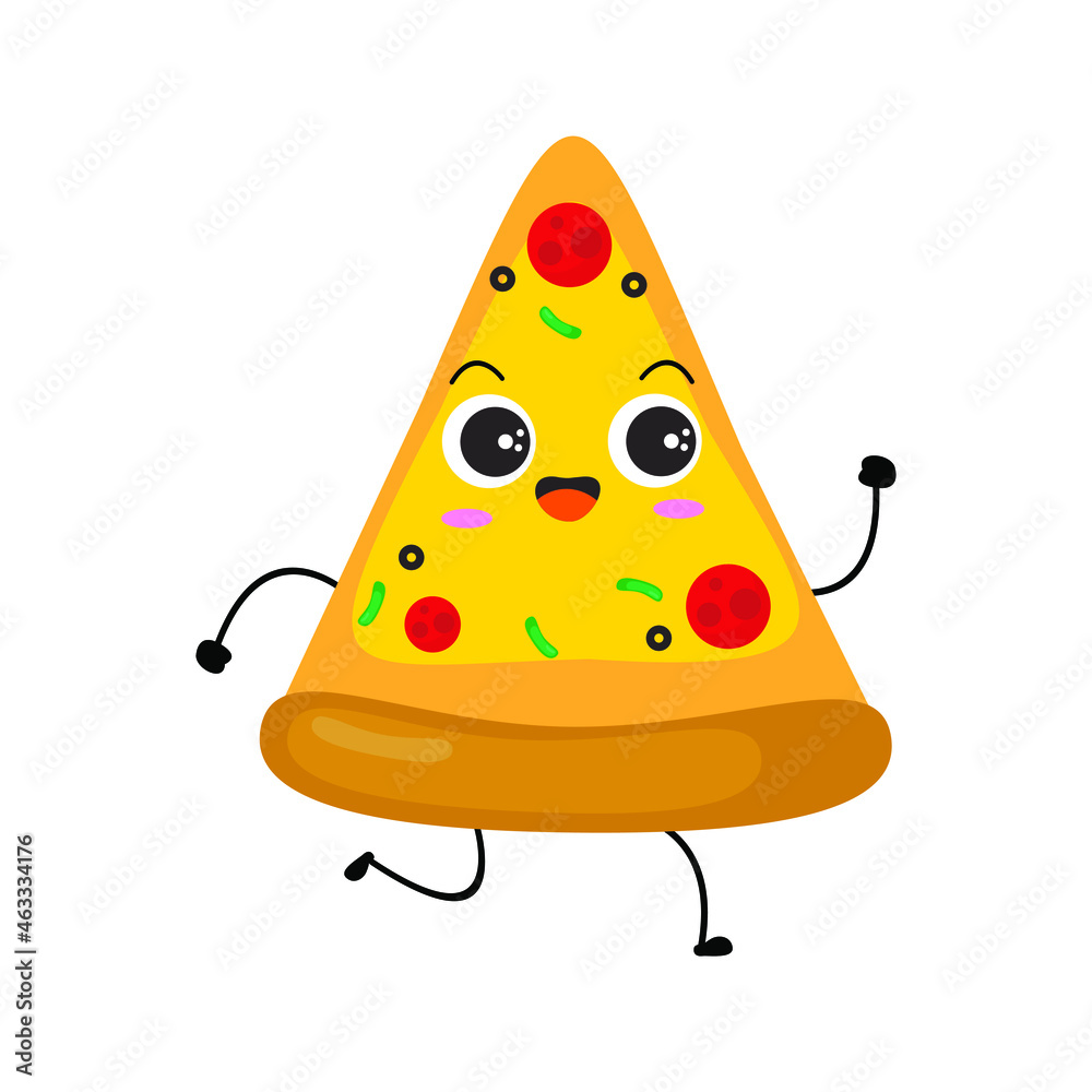 Kawaii cartoon triangular pizza slice icon. Character of cute sliced ...