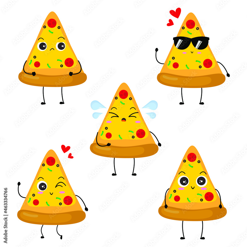 Kawaii cartoon triangular pizza slice icon. Character of cute sliced ...