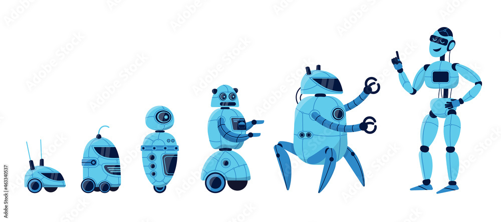 Robot evolution cartoon vector illustration set. Different models of ...