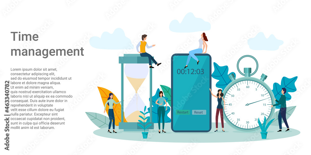 Time management.People check the time on their smartphone, hourglass ...