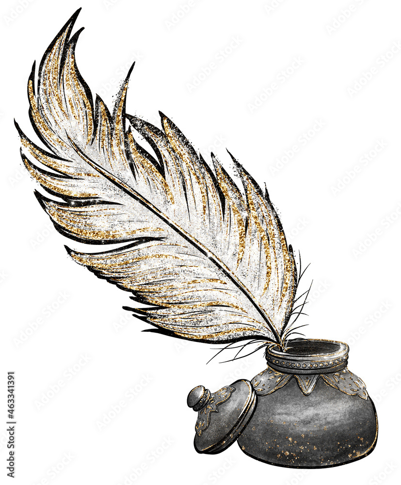 Vintage pen gold glitter cartoon illustration Stock Illustration ...