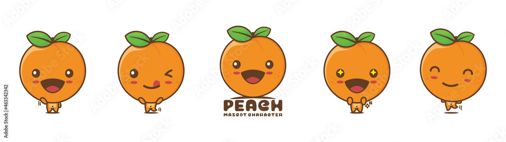cute peach cartoon mascot, fruit vector illustration, with different ...