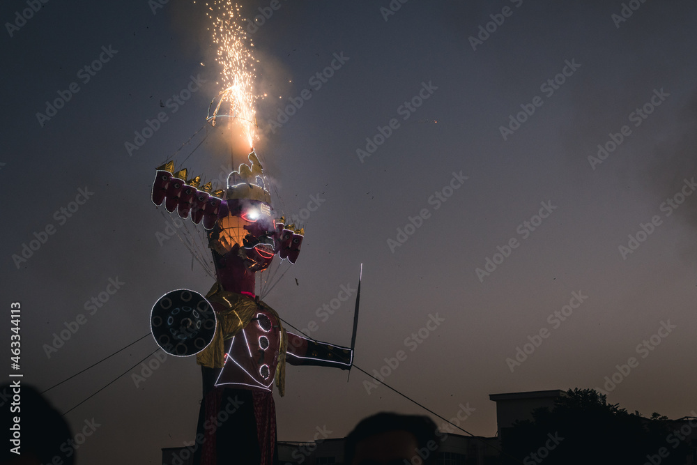 Statue of Ravan at night before burning in Dussehra Stock Photo | Adobe ...