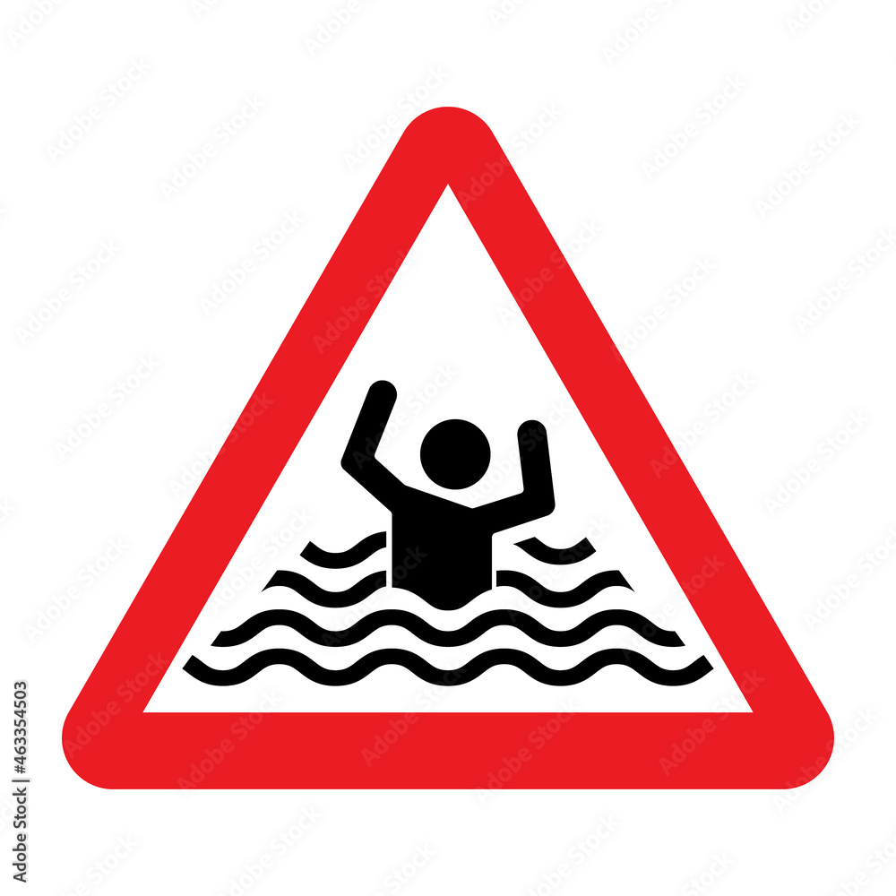Risk of drowning warning sign. Vector illustration of red triangle sign ...