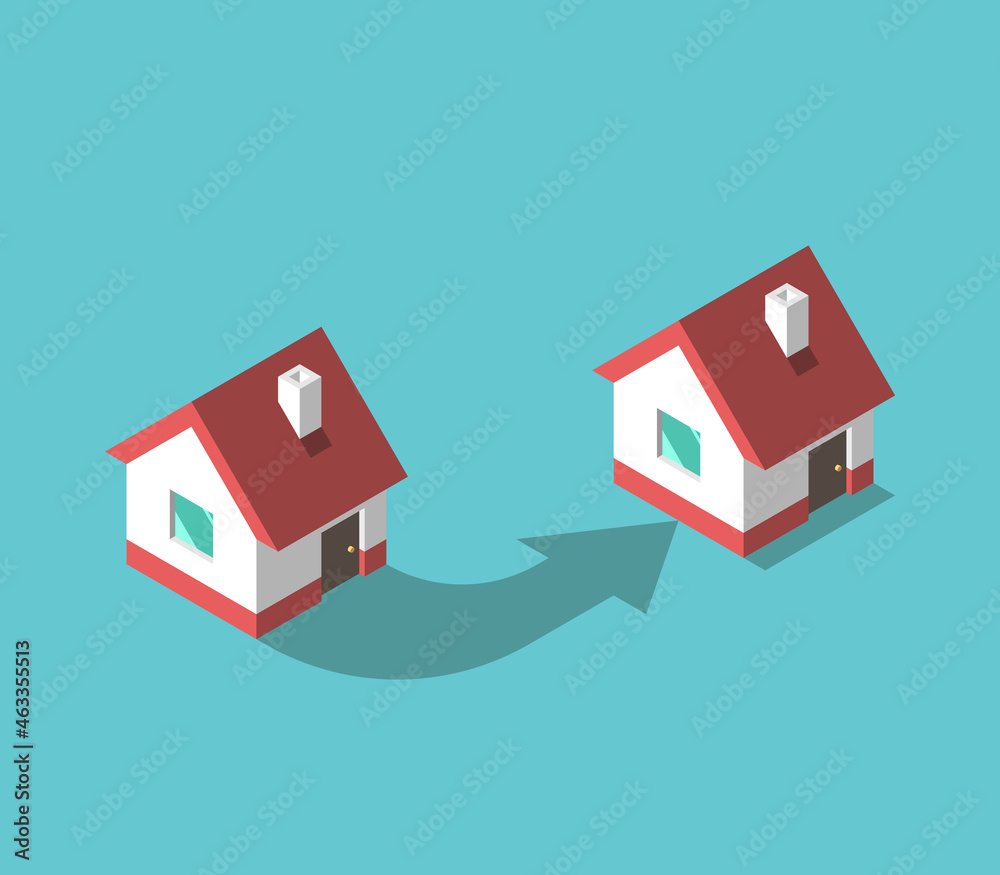 Two similar houses and arrow. Moving house, relocation, real estate ...