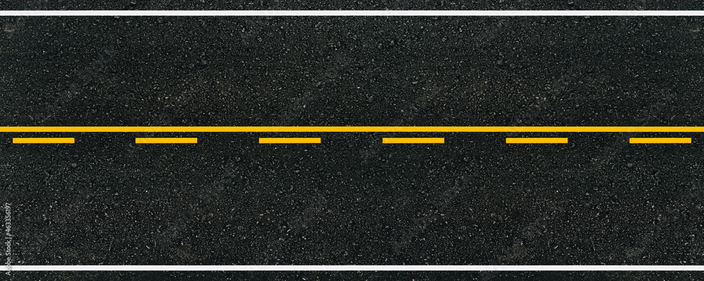 Top view empty highway with black asphalt road and no-overtaking line ...