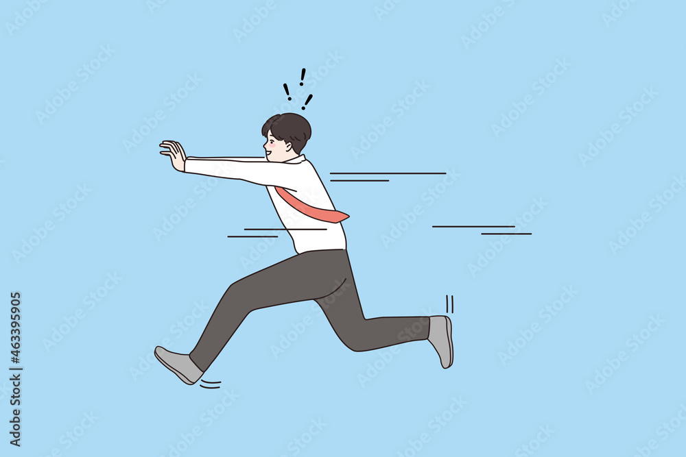 Smiling young businessman run fast reach business financial goal or ...