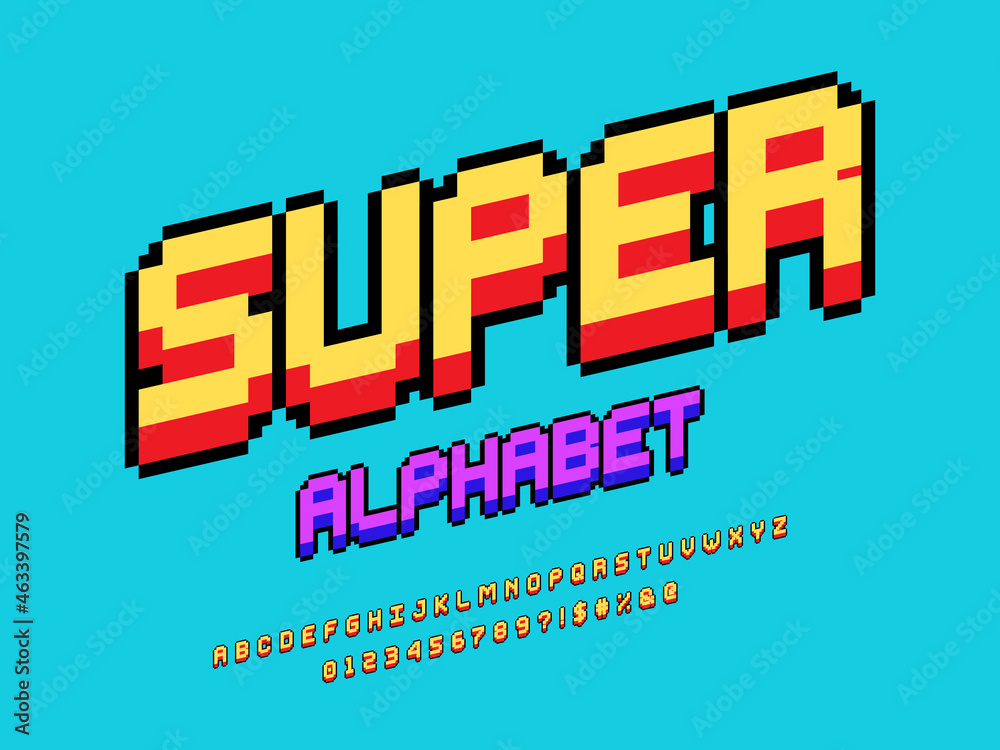 pixel style font design with uppercase, numbers and symbol Stock Vector ...