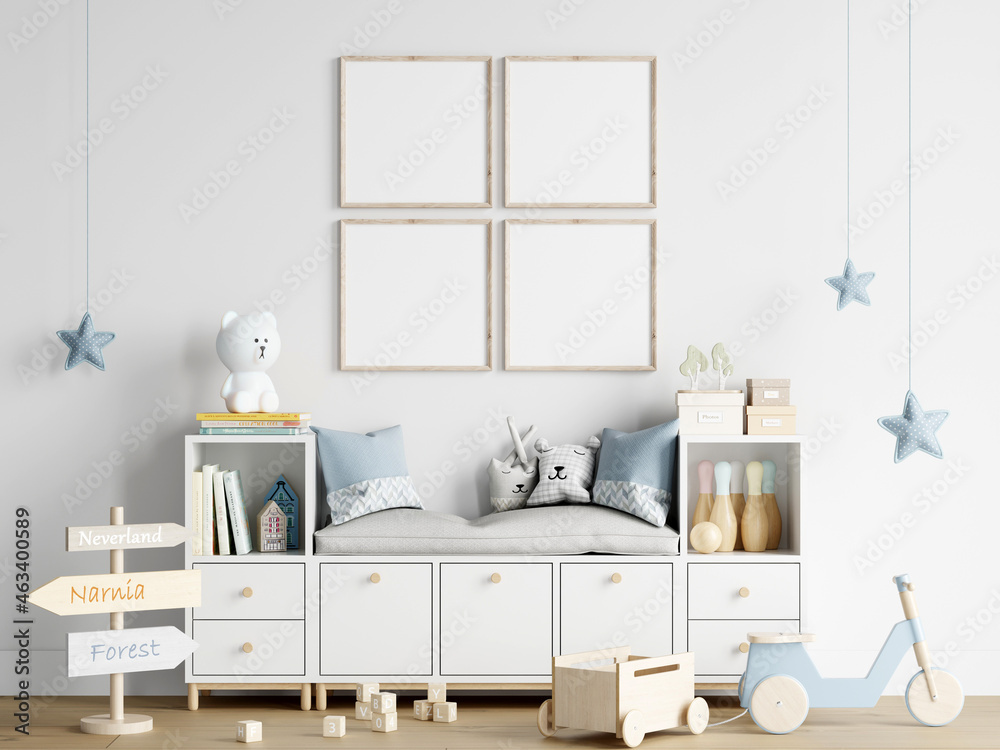 four square poster frames mockup in modern kids room interior with toys ...