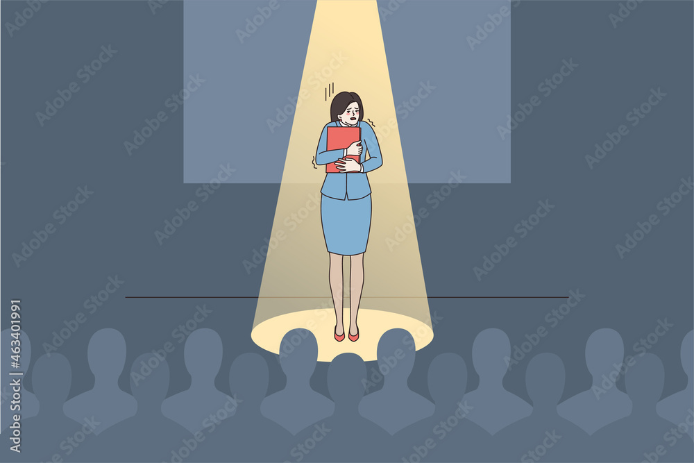Anxious young woman speaker or presenter feel scared nervous of public ...