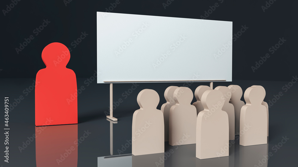 Large red wooden figure of a man stands next to a writing board in ...