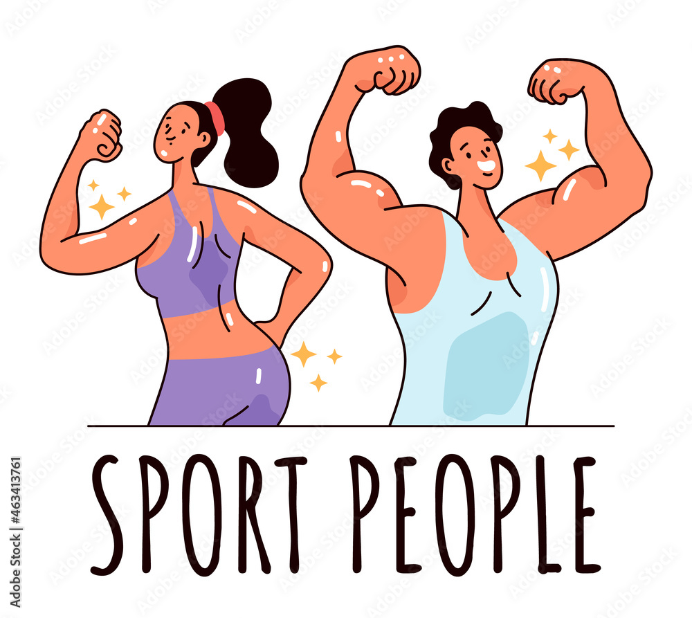 Bodybuilder man woman people characters posing. Vector logo design ...