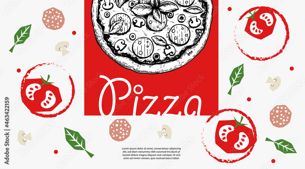 Italian pizza design template. Pepperoni pizza in hand drawn sketch ...
