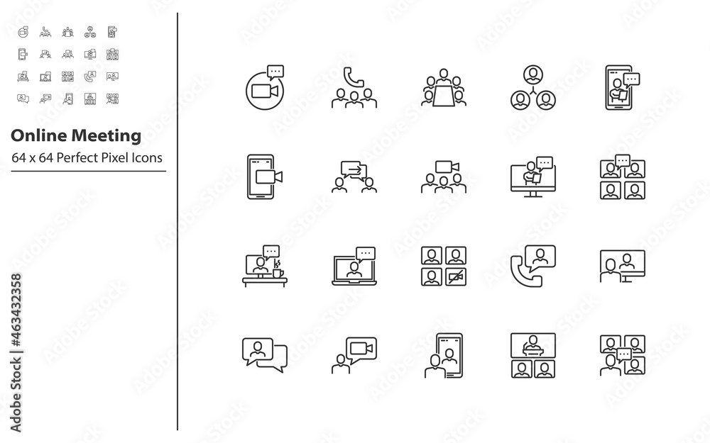 set of online meeting line icons, video call, video conference Stock ...