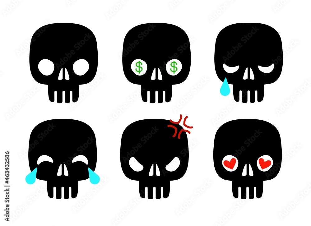 Vector Emoji black Skull set with Different Reactions Isolated on white ...