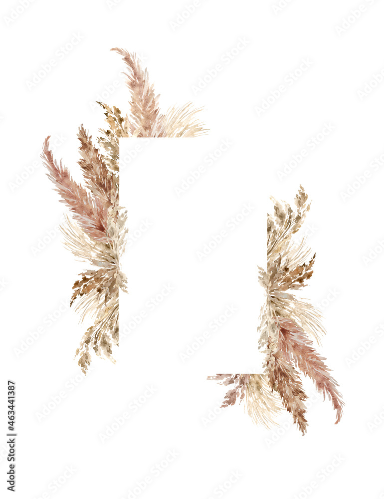 Pampas grass border painted in watercolor. Boho floral neutral colors ...