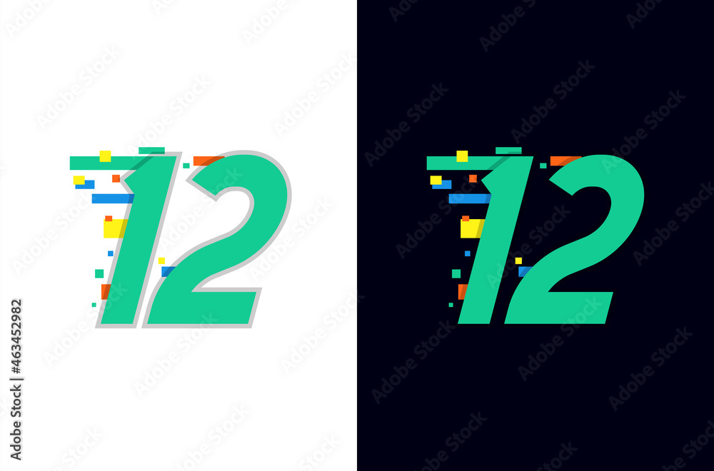 Colorful digital number 12 logo with pixel icon. Fast technology vector ...