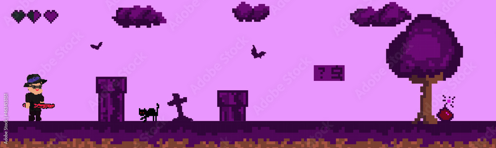 Halloween pixel game. Retro art games. 8-16 bit pixel platformer game ...