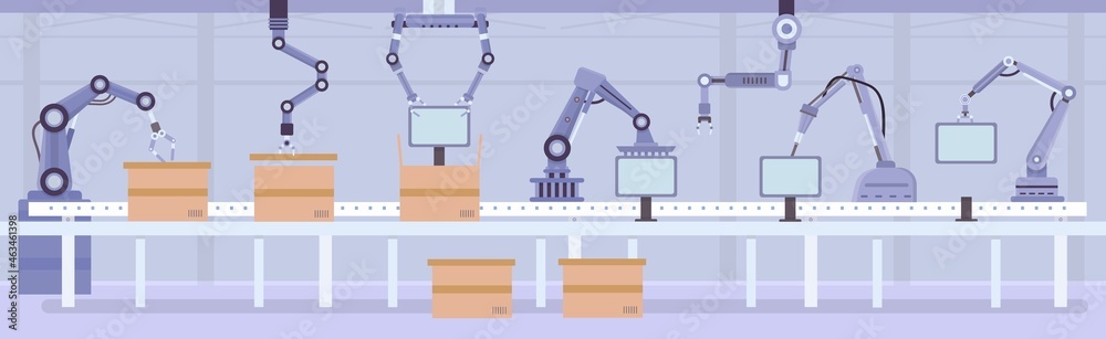 Flat automated robot arms on factory assembly line. Manufacture ...