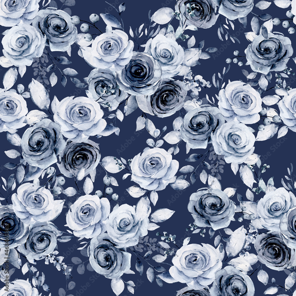 Seamless pattern with watercolor flowers navy blue roses, repeat floral ...