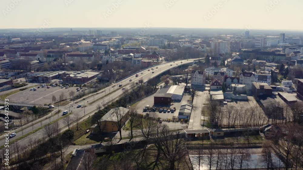An aerial view of Cottbus in Brandenburg. The sun is shining and cars ...