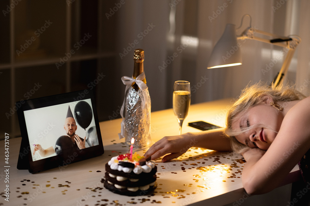 Exhausted party. Birthday greeting. Online conference. Tired woman ...