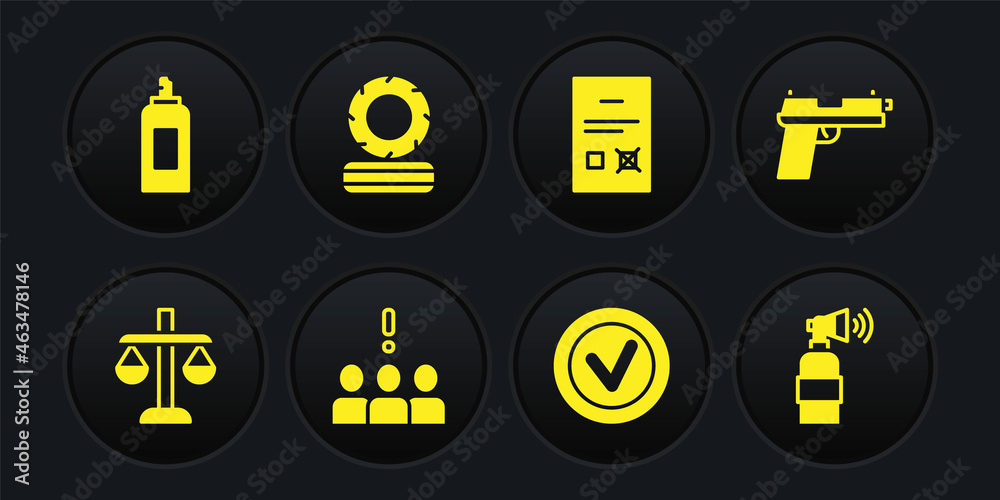 Set Scales of justice, Pistol or gun, Crowd protest, Check mark in ...