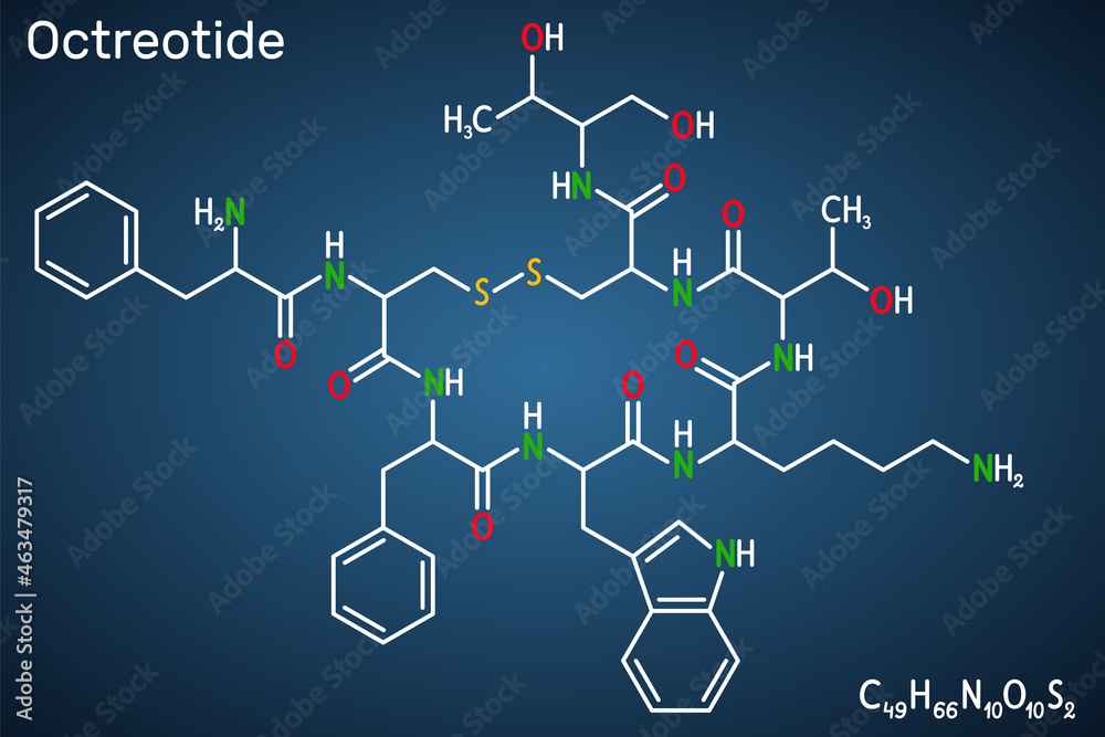 Octreotide molecule. It is octapeptide, synthetic somatostatin analogue, inhibitor of growth ...