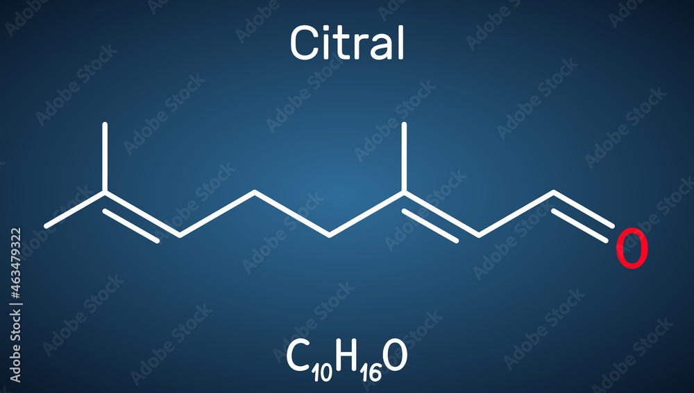Citral, lemonal, geranial molecule. A volatile oil component, used to ...