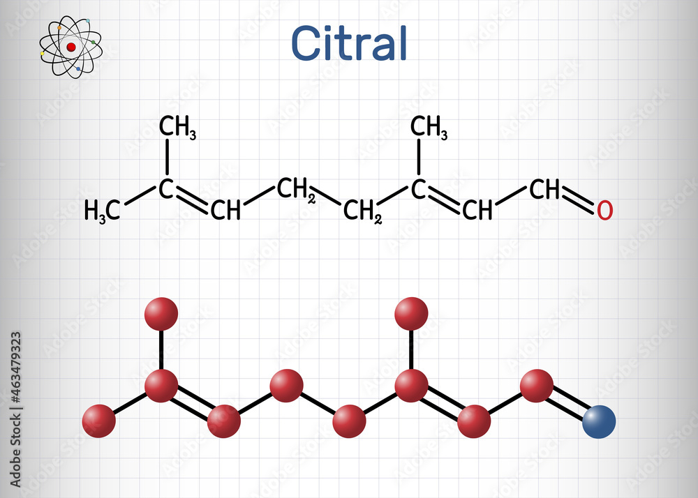 Citral, lemonal, geranial molecule. A volatile oil component, used to ...