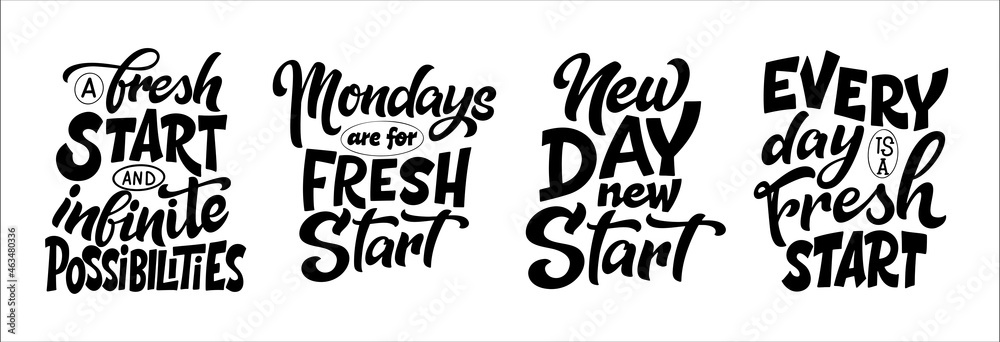Set of Fresh start quotes poster. Hand drawn letering on white ...
