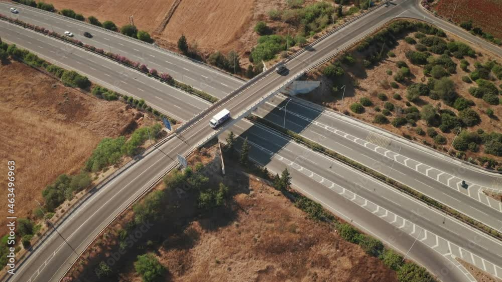 Highway road junction bridge. Aerial desert nature landscape. Multi ...