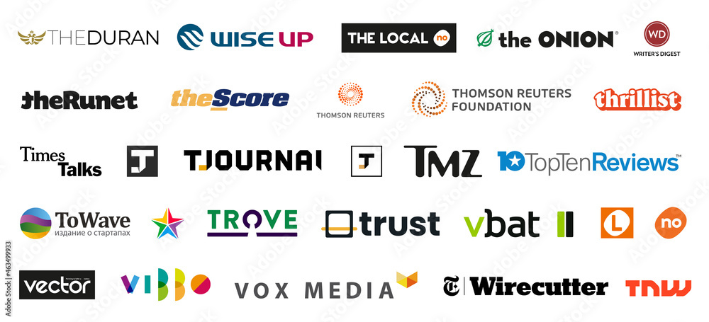 logos of the press and news channels, logos of famous brands, badges ...