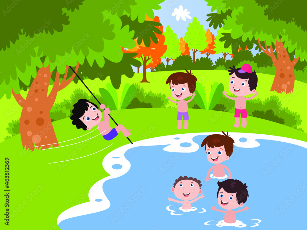Outdoors game vector concept. Group of happy children playing water on ...