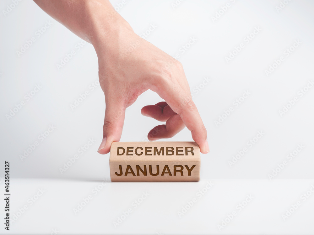Changing to the first month of the year. The hand is flipping wooden ...