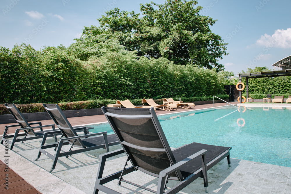 Swimming Pool Ladder and Sun Lounger in Poolside, Luxury Outdoor Swim ...