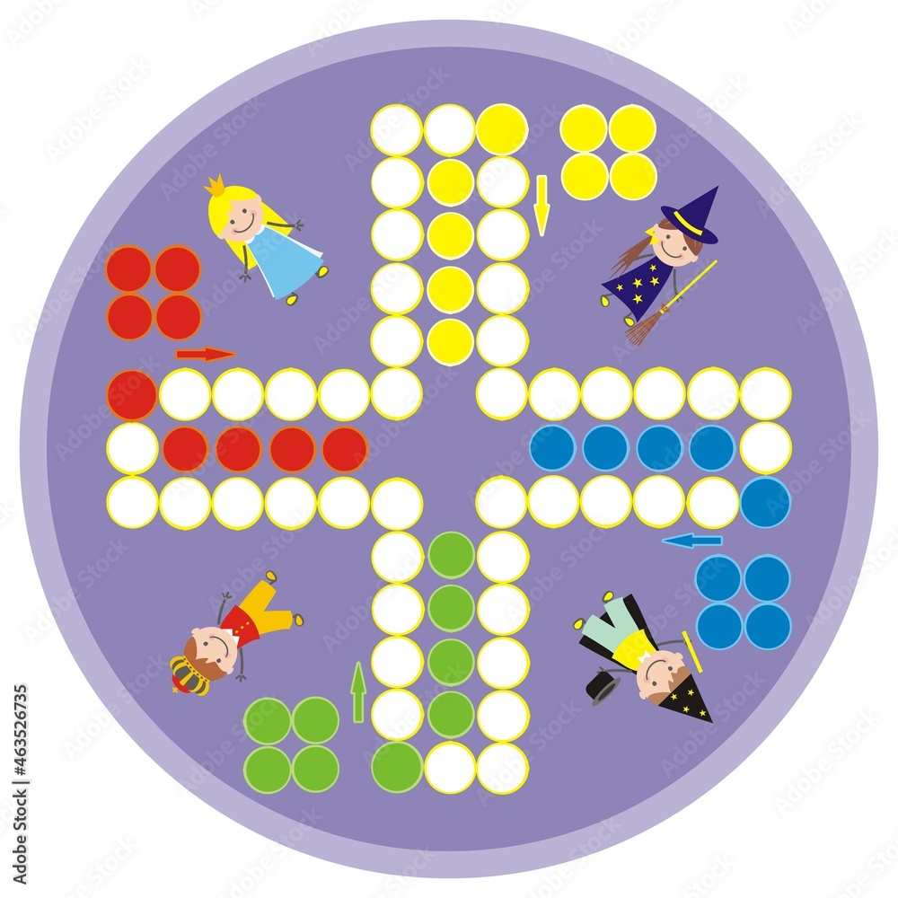 ludo, board game for four gamester, fairy tale characters, circle frame ...