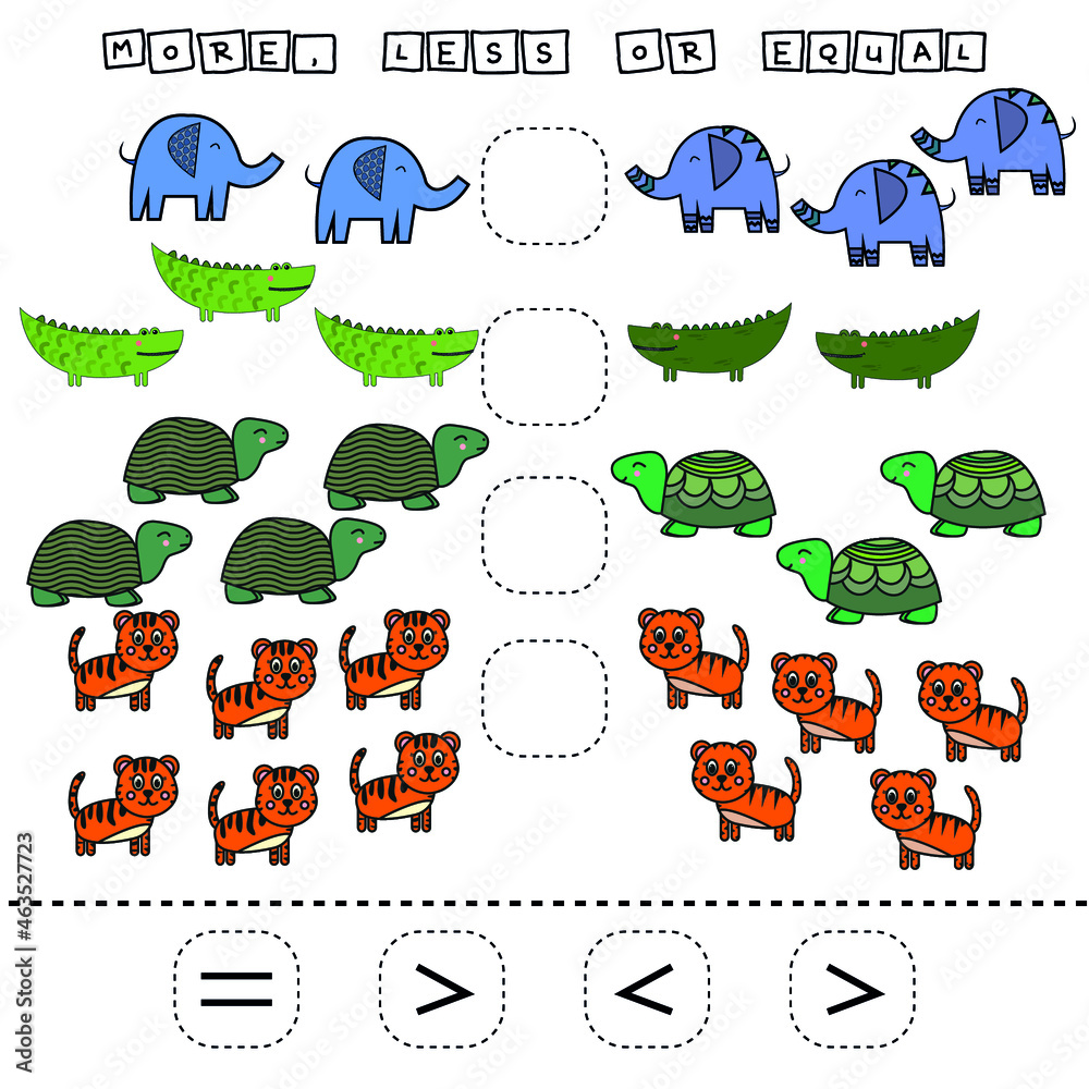 Which is greater, less or equal game with funny turtles, elephants ...