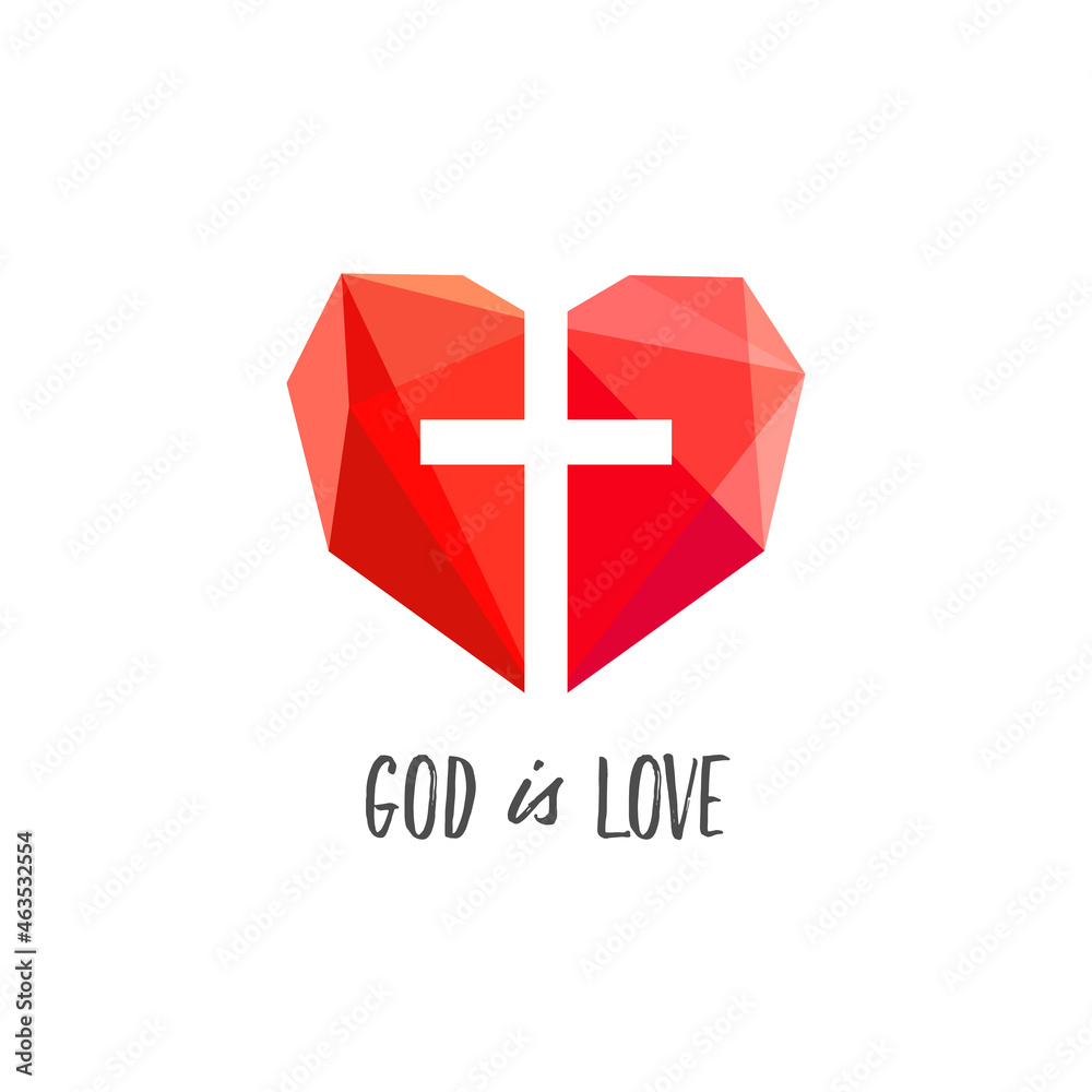 God is love symbol. 3D stained-glass arts style heart and Jesus cross ...