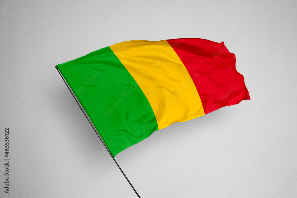 Mali flag isolated on white background. close up waving flag of Mali ...