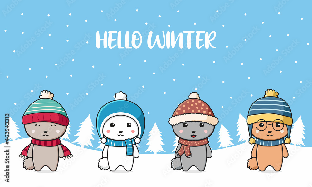 Cute rabbit family greeting hello winter cartoon doodle card background ...